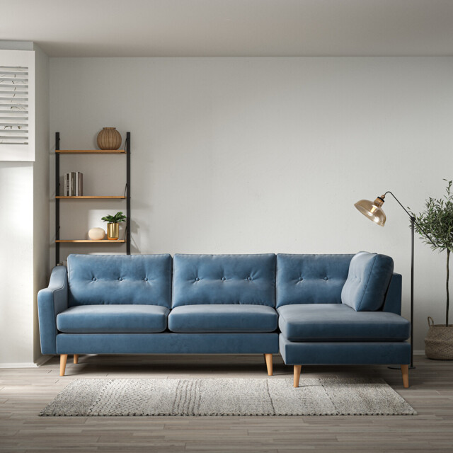 Rosa Curve Buttoned Velvet Corner Chaise Sofa with Light Wood Legs ...