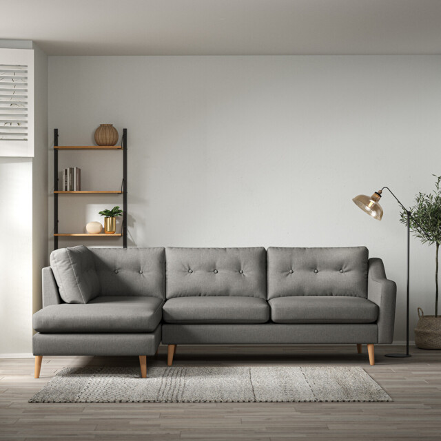 Rosa Curve Buttoned Soft Brushed Corner Chaise Sofa with Light Wood ...