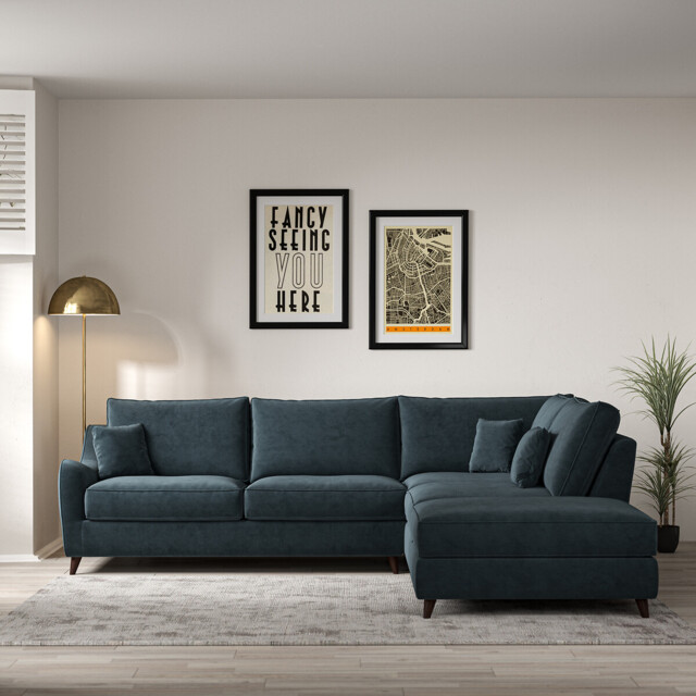 Amelia Textured Velvet Corner Sofa & Modular Footstool Set with Dark Wood Legs (Right Facing) by ...