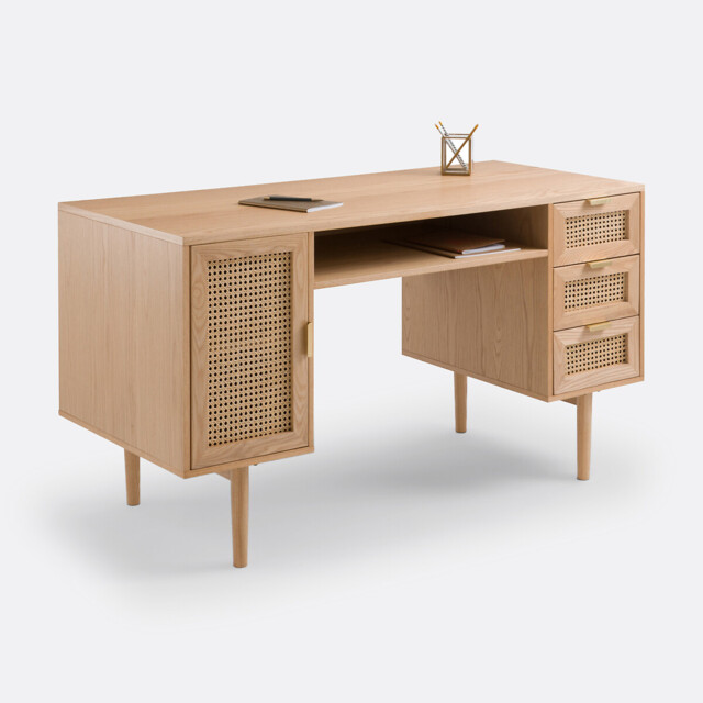 Loris Oak Veneer and Rattan Double Unit Desk by La Redoute | ufurnish.com