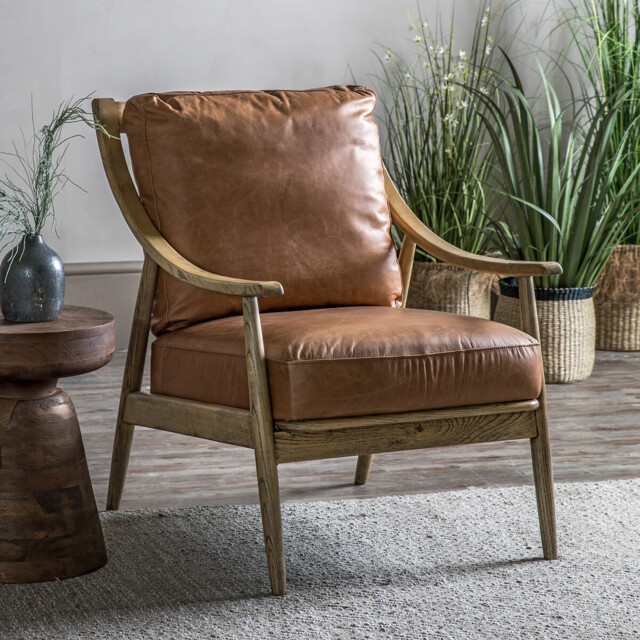 Arcot Mid Century Brown Leather Armchair with Solid Oak Frame by La Redoute | ufurnish.com