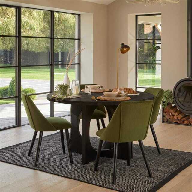 Jade Jet Black Round Acacia Dining Table Set - 4 Seater - Freya Fern ...