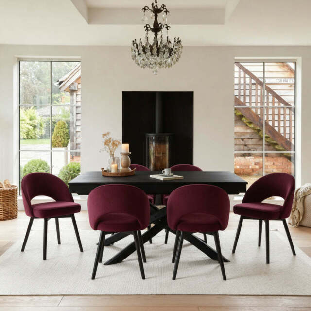 Amelia Black Extending Dining Table Set - 6 Seater - Marilyn Burgundy Red Dining Chairs - Black ...