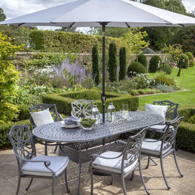 Hartman Capri Garden Dining Set with Parasol, Oval, 6 Seater, Grey by ...