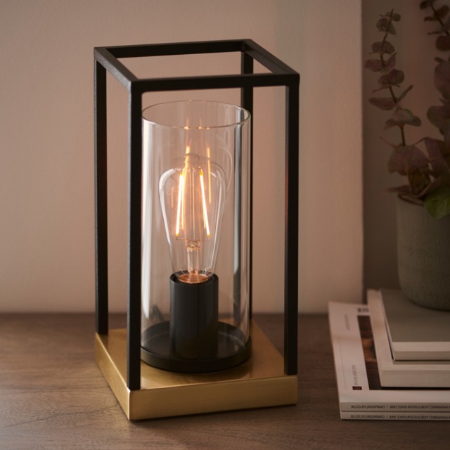 Box Table Lamp In Sand Black And Satin Brass With Clear Glass Shade by ...
