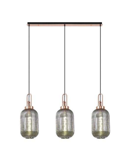Glenn 3 Light Tubular Linear Pendant in Copper With Smoked Ribbed Glass ...
