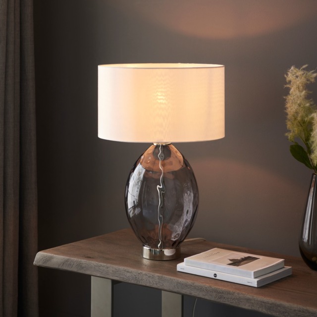 Jane Touch Table Lamp In Grey Tinted Glass With Vintage White Fabric ...