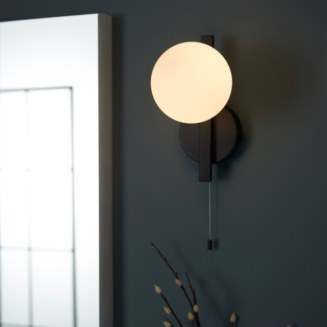 Freya Bathroom Wall Light In Matt Black With Opal Glass Shade IP44 by ...