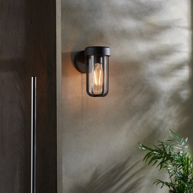 Contemporary Single Wall Light In Matt Black And Clear Glass IP44 by ...