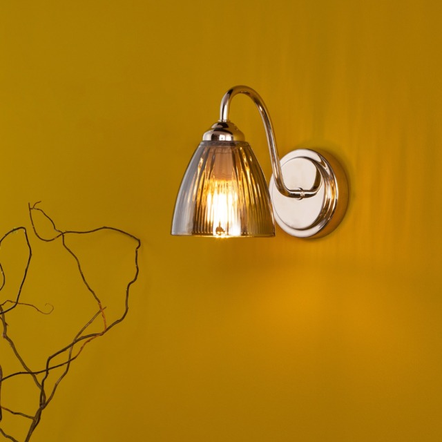 Dar Lighting Glynis Wall Light In Polished Nickel With Smoked Ribbed ...