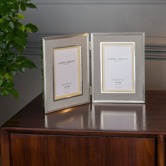 Laura Ashley Harrison Double Photo Frame In Polished Silver Finish With Grey Linen Detail 4x6 ...