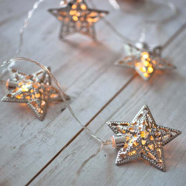 10 Warm White LED Filigree Silver Star Battery Fairy Lights by ...