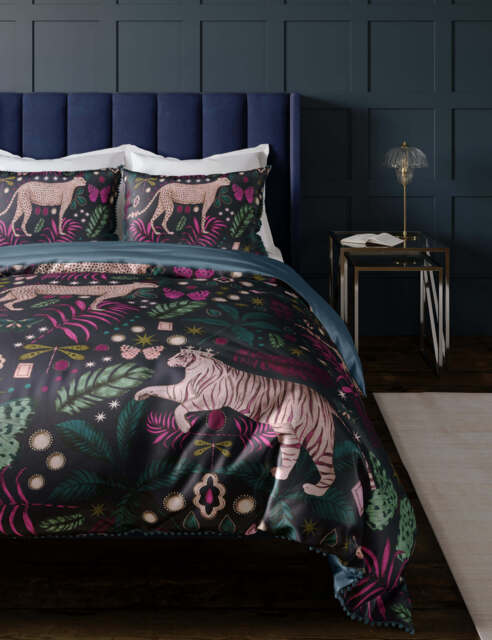 M&S Pure Cotton Cheetah Pom Pom Bedding Set - DBL - Dark Teal, Dark ...