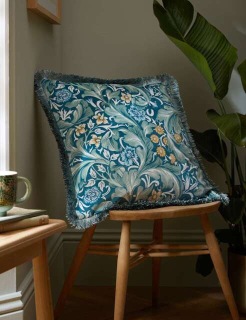 William Morris At Home Velvet Leicester Fringed Cushion - Sky Blue, Sky ...