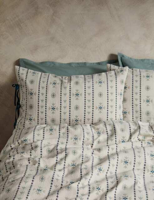 M&S X Fired Earth Pure Cotton Gauze Tile Jacquard Bedding Set White Mix ...
