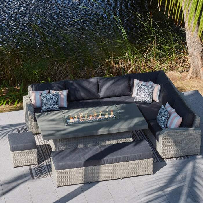 10 Seat Corner Rattan Sofa with Stone Gas Fire Pit Dining Table by Moda ...