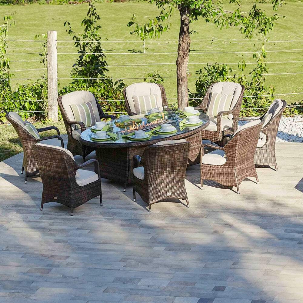8 Seat Luxury Rattan Oval Gas Fire Pit Dining Set with Eton Chair by Moda Furnishings | ufurnish.com