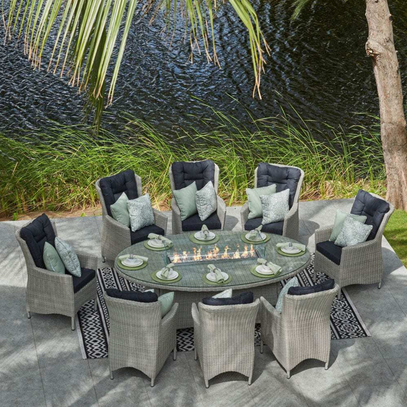 8 Seat Luxury Rattan Oval Gas Fire Pit Dining Set with Turnbury Chair ...