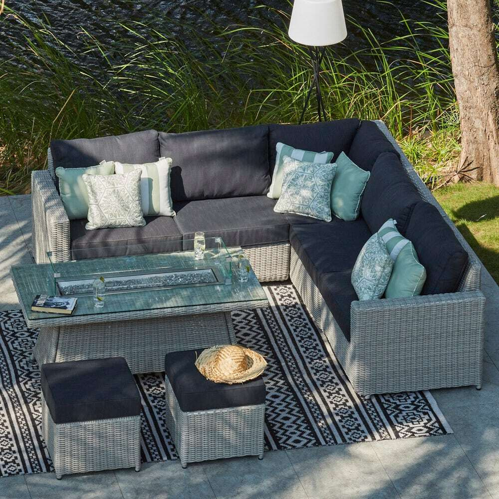 9 Seat Rattan Corner Sofa with Gas Fire Pit Coffee Table by Moda ...