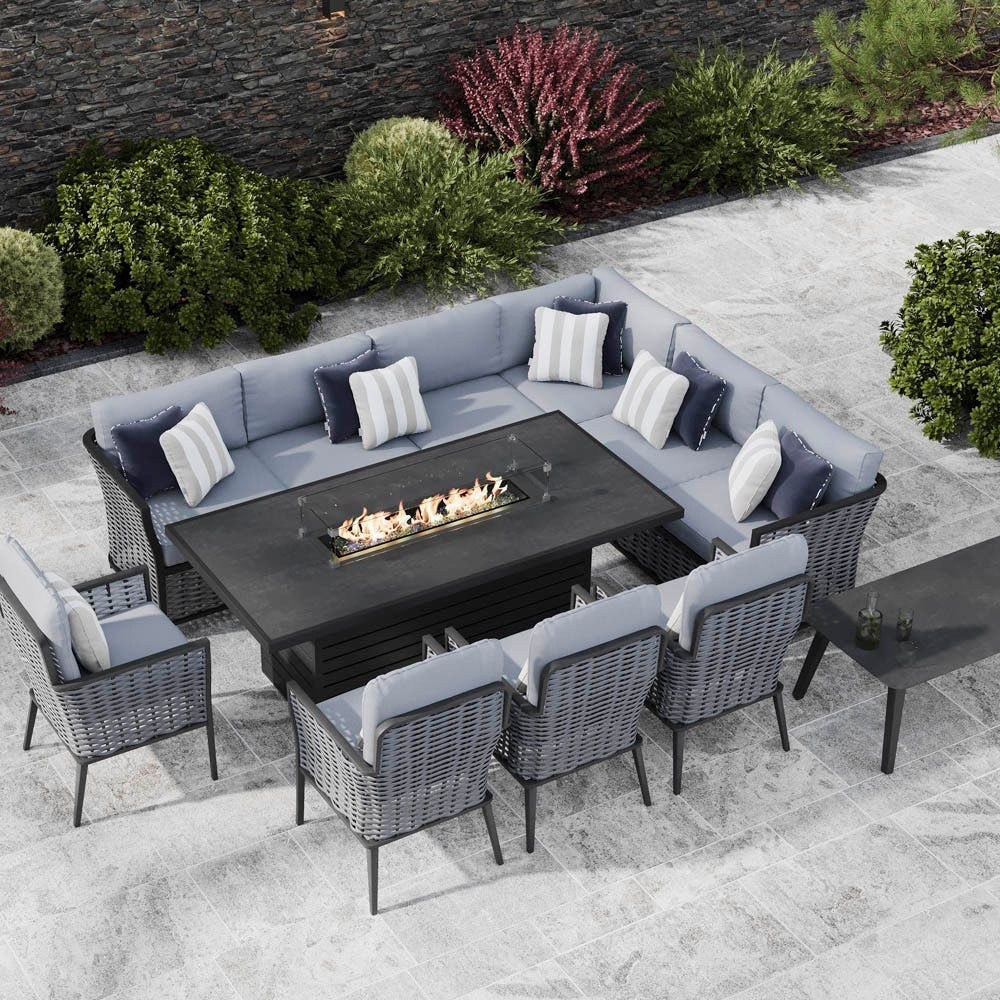 Grey 10 Seater Garden Extended Corner Sofa Combo With Gas Fire Pit ...