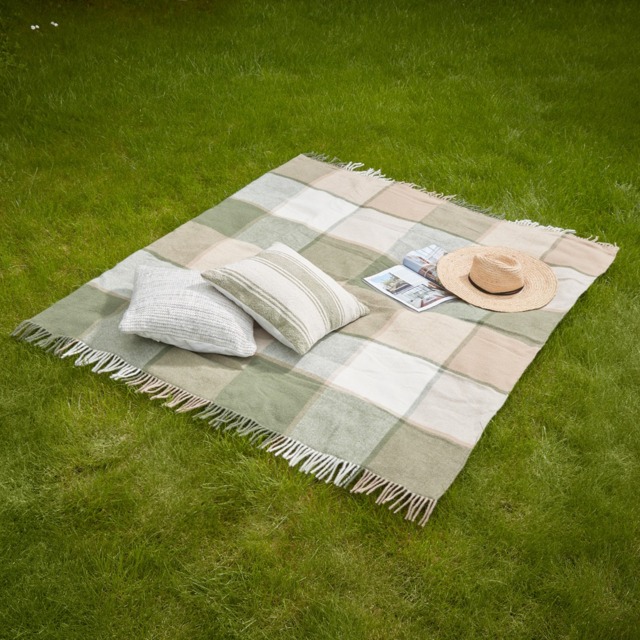 Olive Block Check Wool Picnic Rug by Moda Furnishings | ufurnish.com