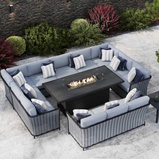 Grey 12 Seater Garden U Shaped Sofa Combo With Dining Gas Fire Pit ...