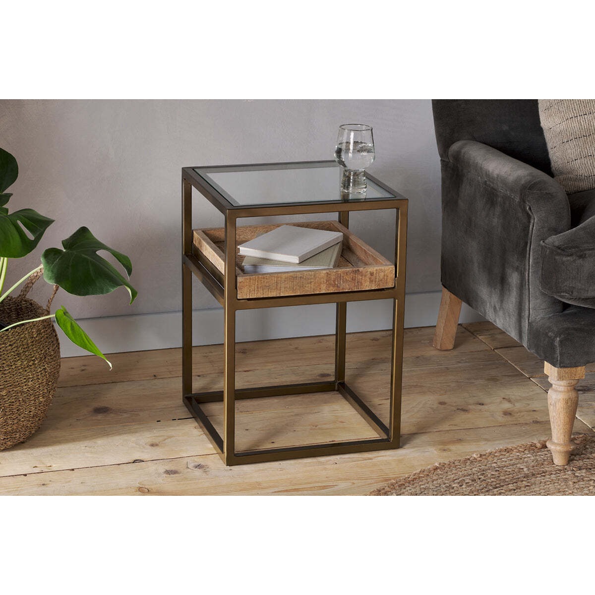 Nkuku Luzon Iron & Mango Wood Display Side Table - Tables - Brass by ...