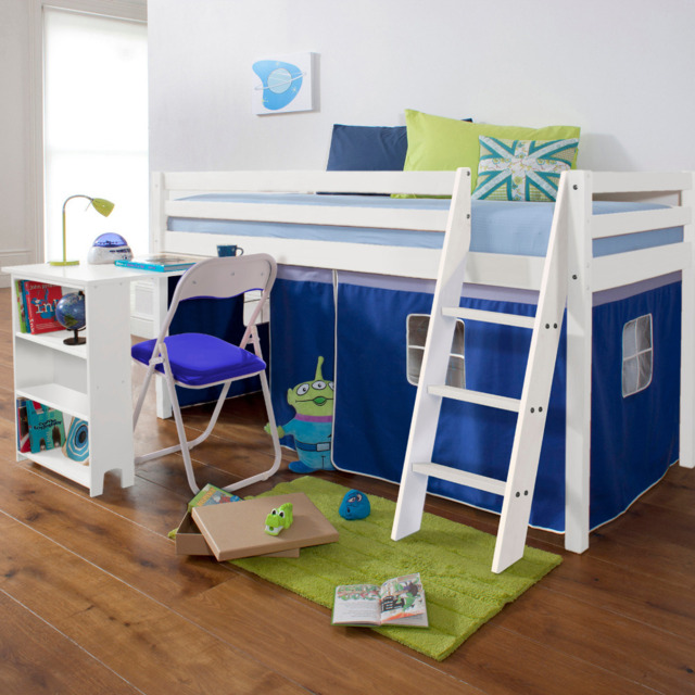 Moro Cabin Bed Midsleeper with Pullout Desk & Brilliant Blue Tent in Classic White by Noa & Nani ...