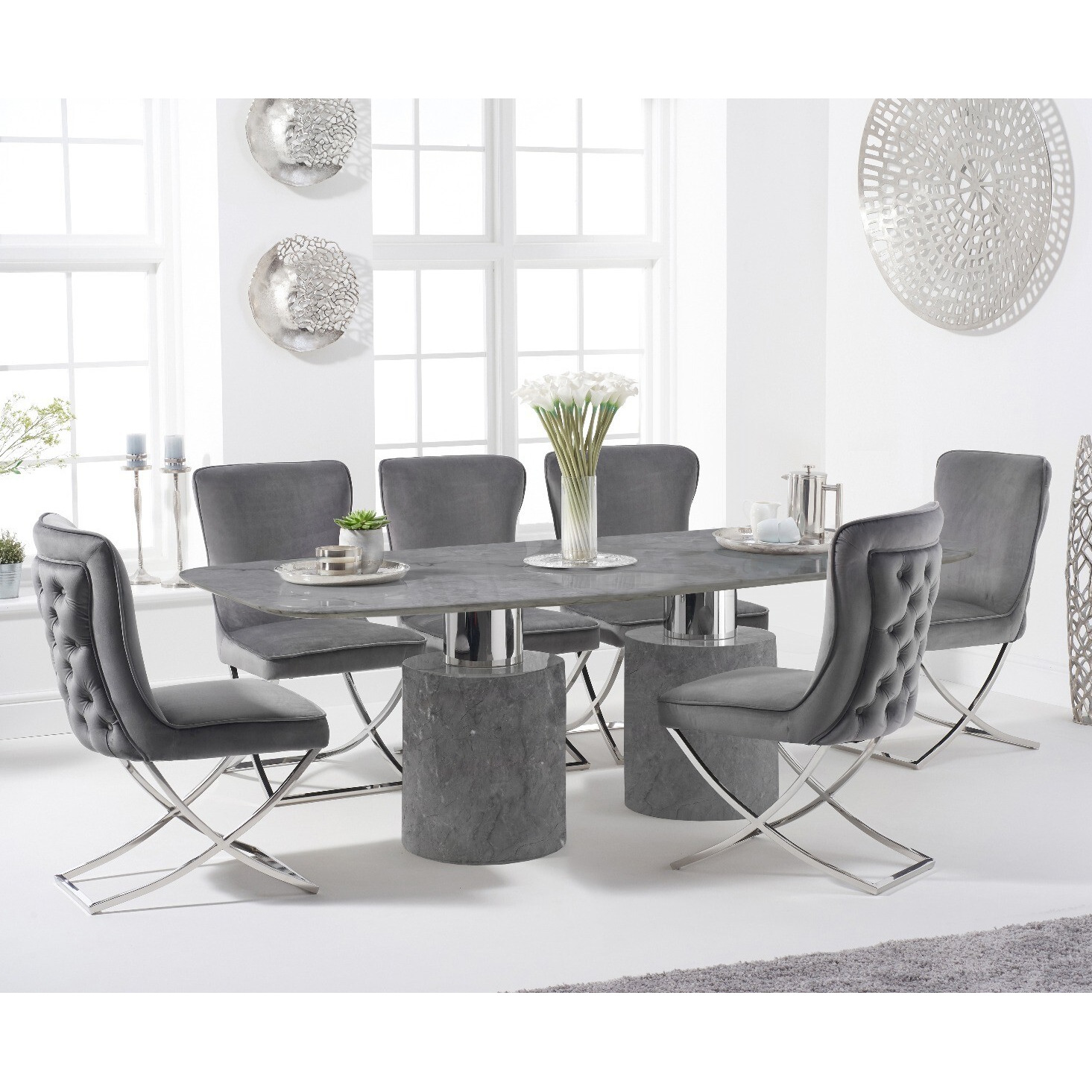 Antonio 220cm Grey Marble Table With 6 Grey Lorenzo Velvet Chairs by ...