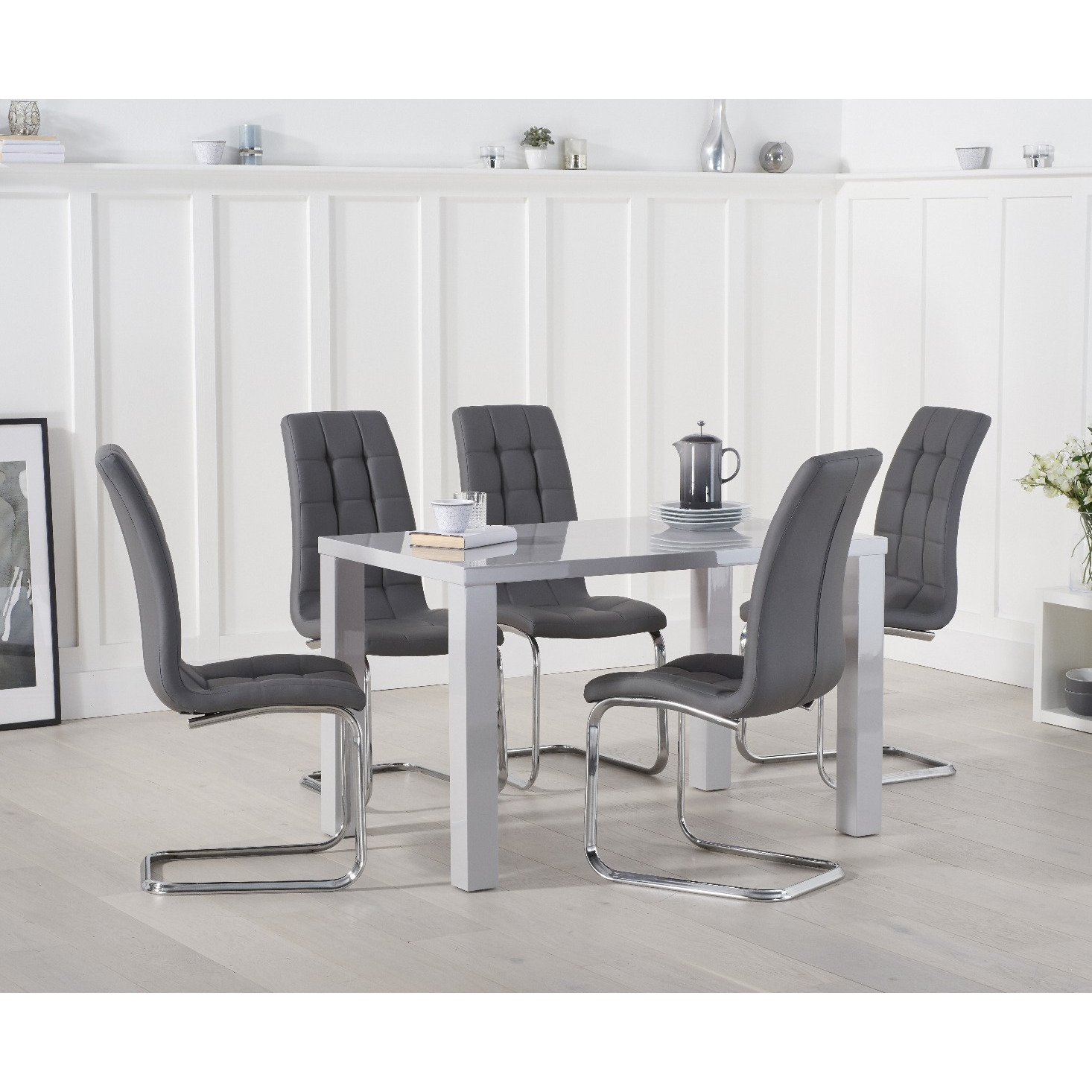 Seattle 120cm Light Grey High Gloss Dining Table With 4 White Vigo ...