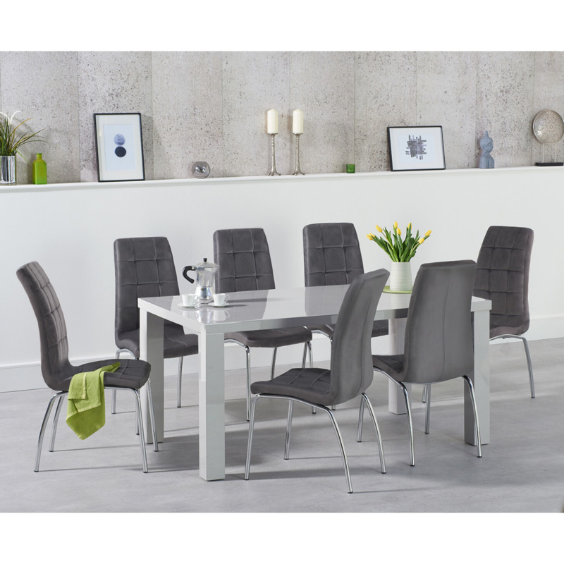 Atlanta 160cm Light Grey High Gloss Dining Table With 8 Grey Enzo ...