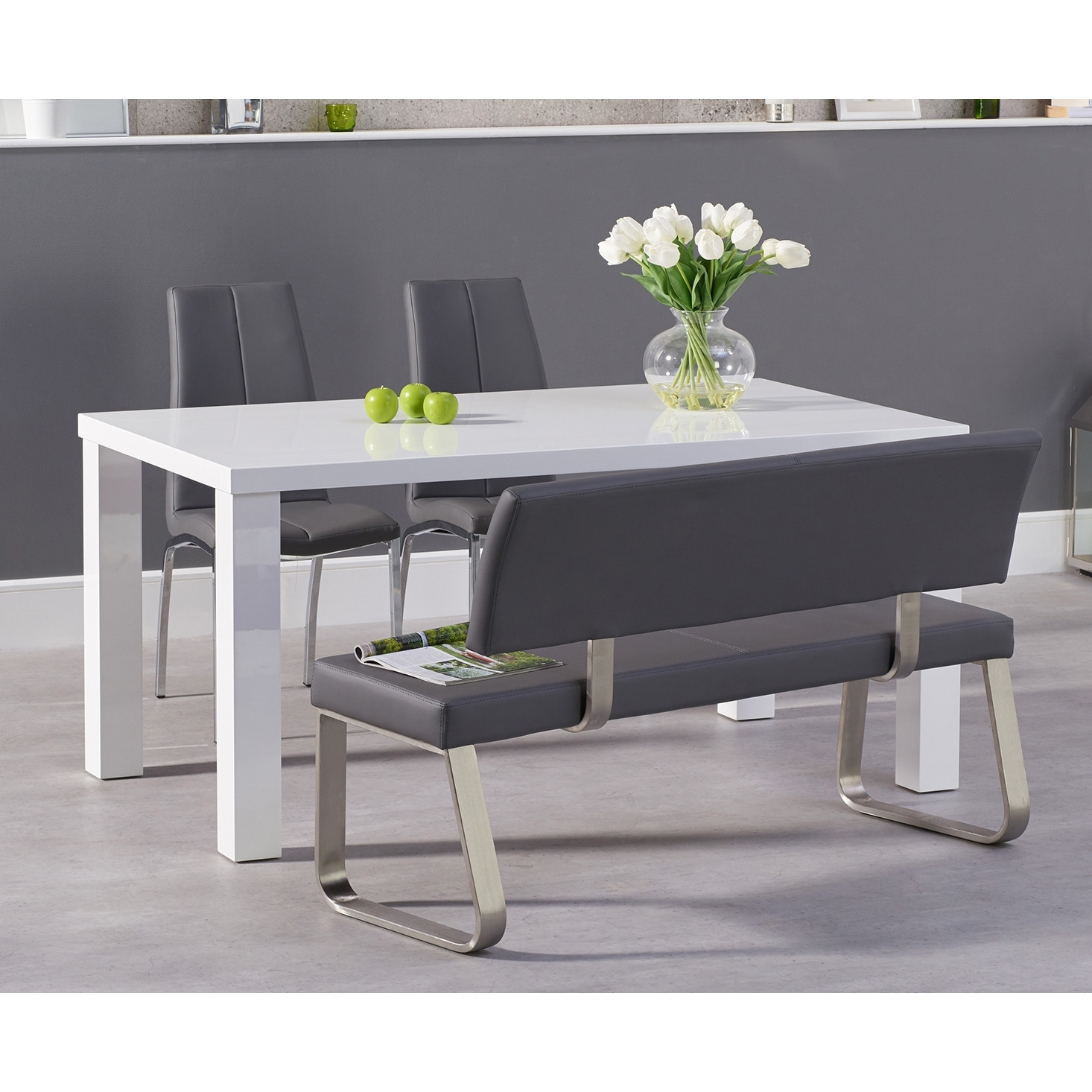 Atlanta 160cm White High Gloss Dining Table With 2 Grey Marco Chairs ...