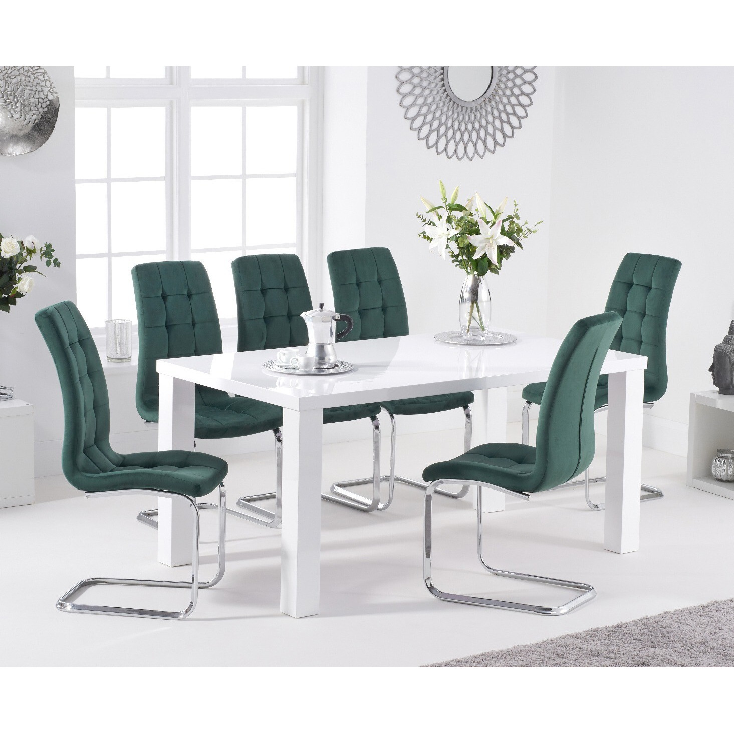Atlanta 160cm White High Gloss Table With 4 Grey Vigo Velvet Chairs by ...