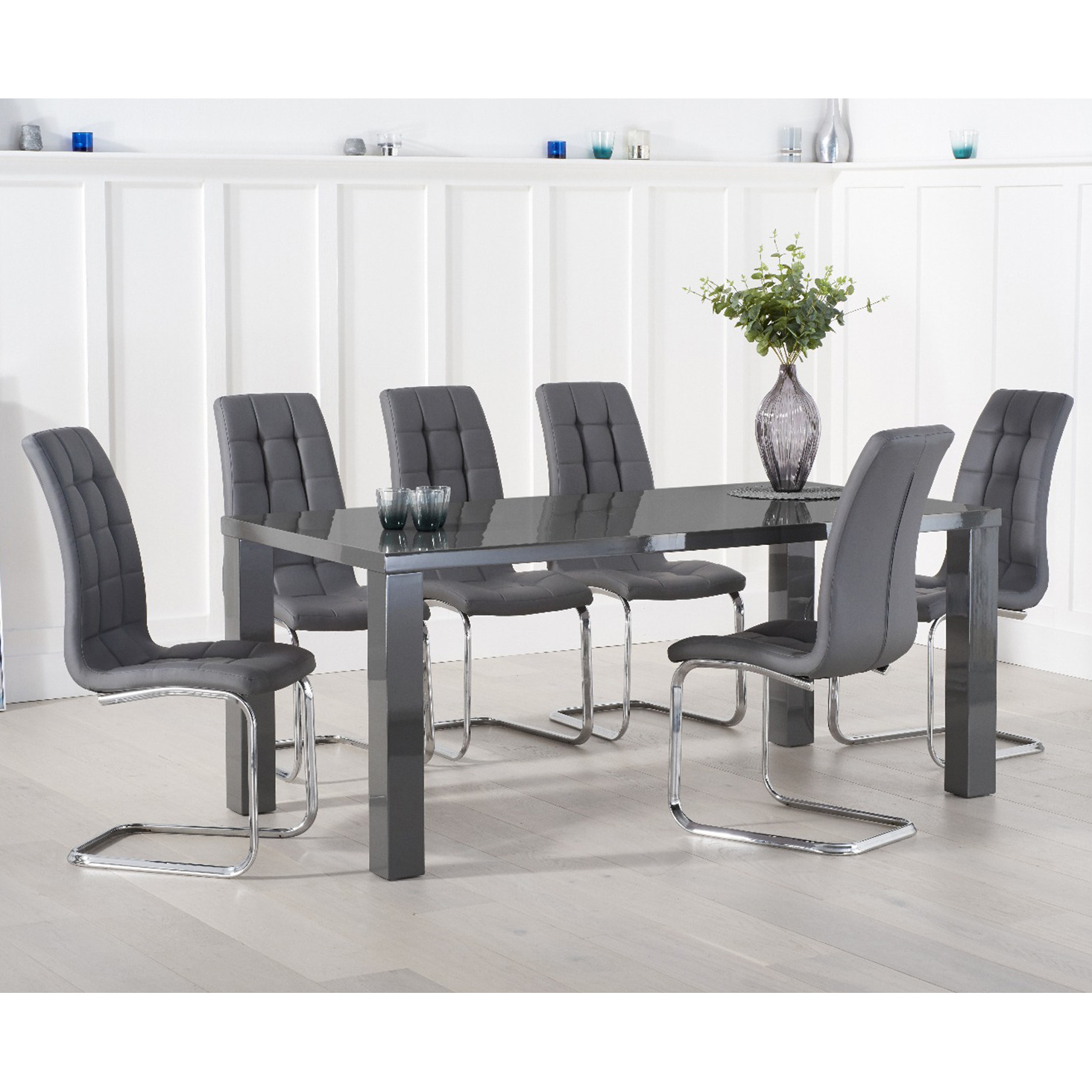 Atlanta 200cm Dark Grey High Gloss Dining Table With 6 White Vigo ...