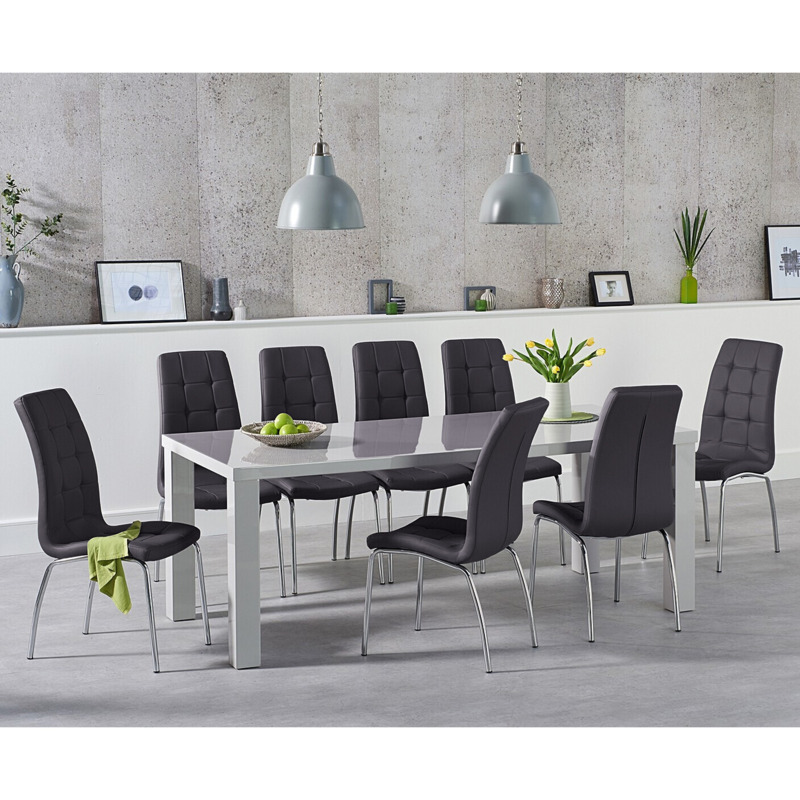 Atlanta 200cm Light Grey High Gloss Dining Table With 8 Black Enzo ...