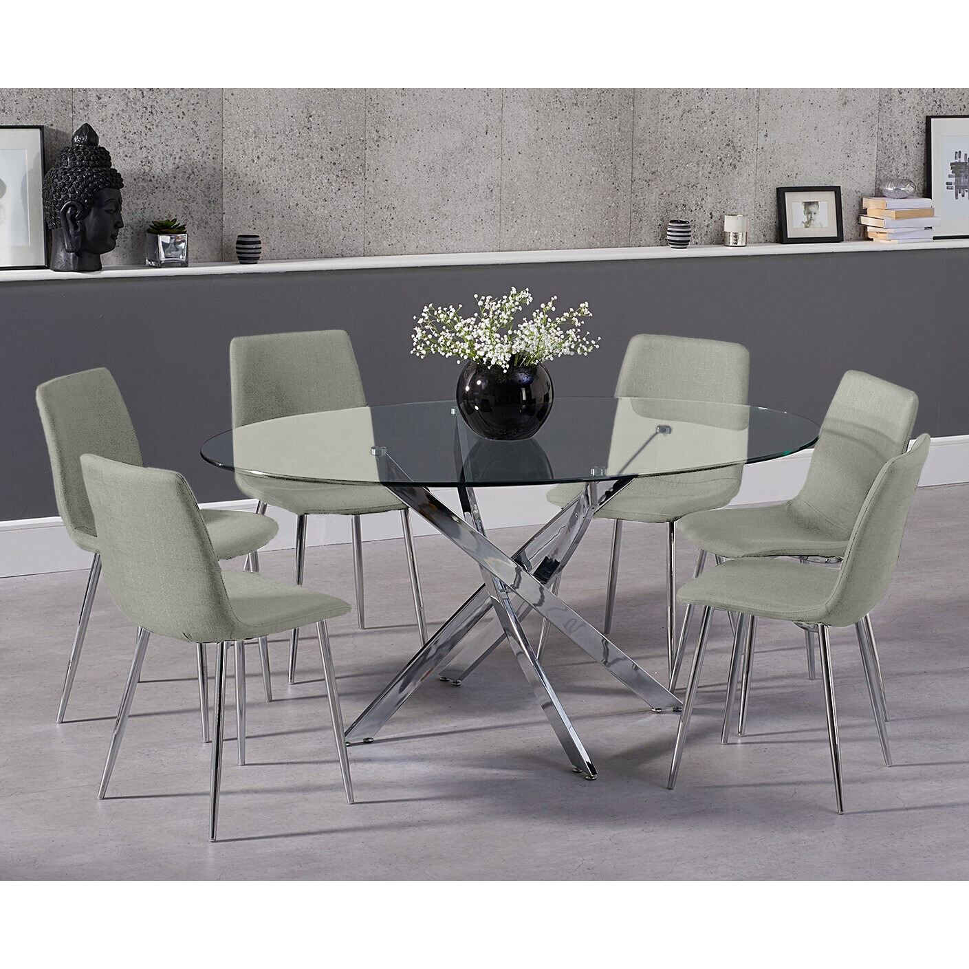 Bernini 165cm Oval Glass Dining Table With 4 Grey Astrid Fabric Chairs ...