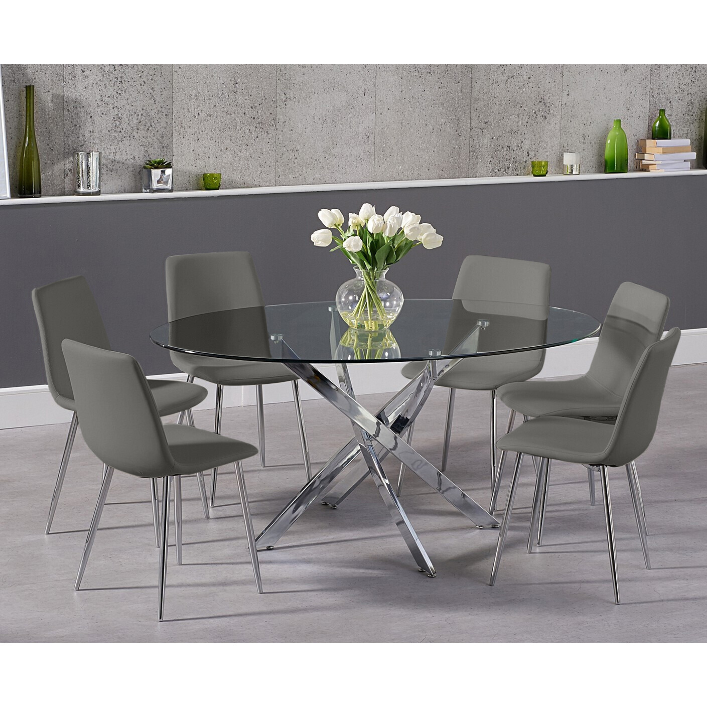 Bernini 165cm Oval Glass Dining Table With 4 Grey Astrid Faux Leather ...