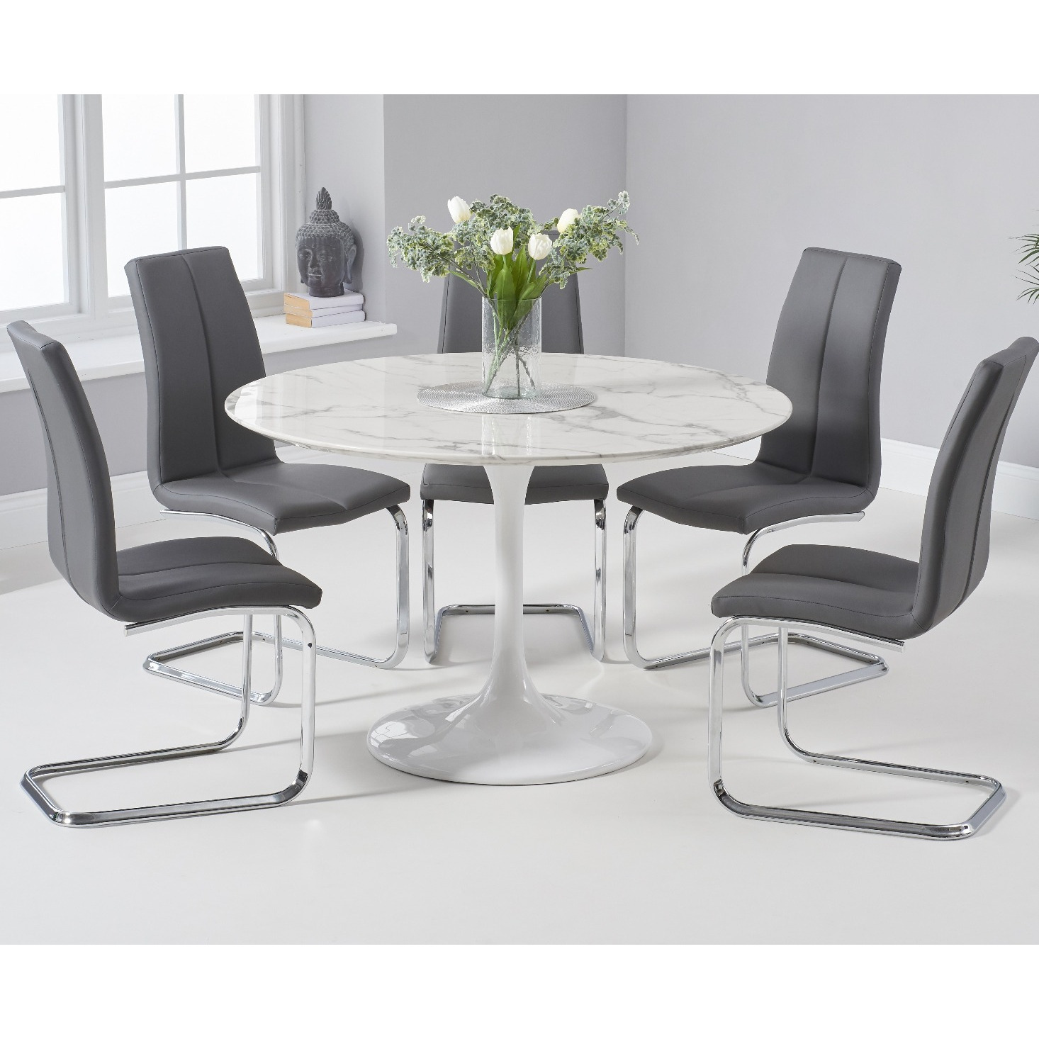 Brighton 120cm Round White Marble Dining Table With 4 Grey Gianni ...