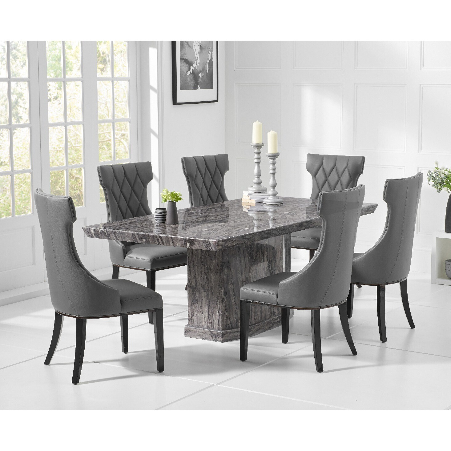 Carvelle 160cm Dark Grey Pedestal Marble Dining Table With 8 Grey ...