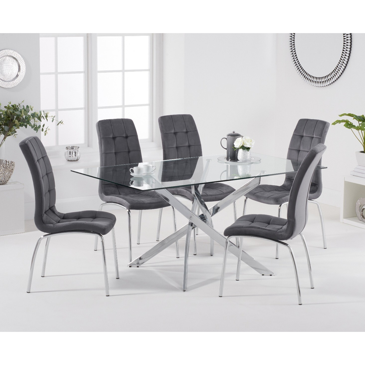 Denver 160cm Rectangular Glass Dining Table With 4 Grey Enzo Velvet ...
