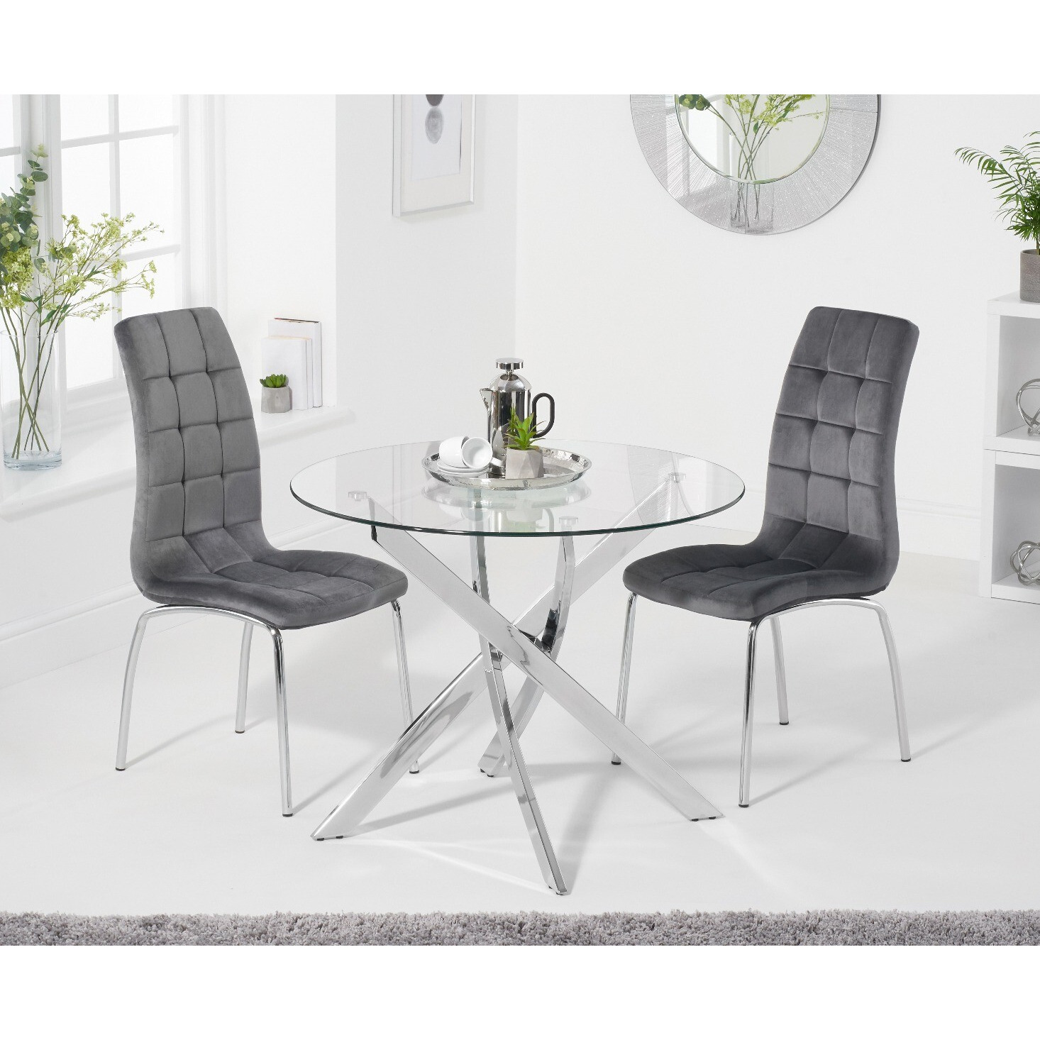 Denver 95cm Round Glass Dining Table with 2 Grey Enzo Chairs by Oak ...
