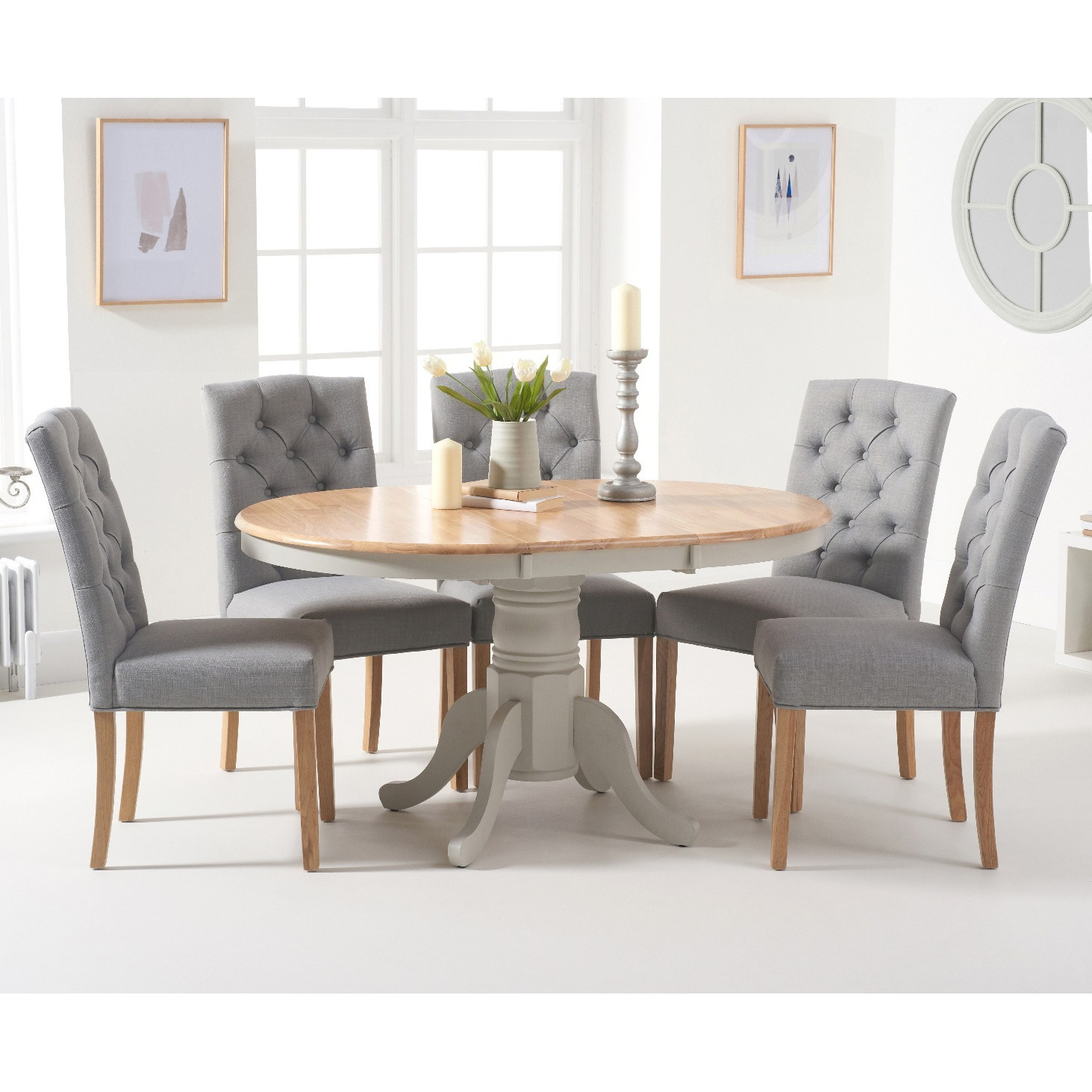 Epsom Oak and Grey Painted Pedestal Extending Dining Table With 4 Grey ...