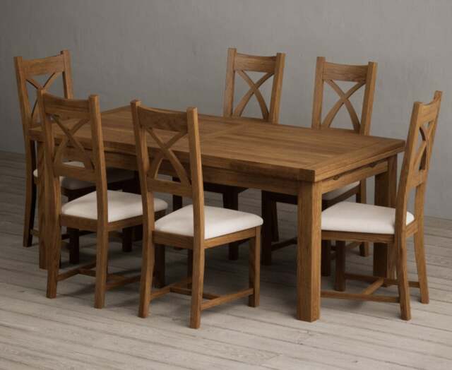 Extending Buxton 180cm Rustic Solid Oak Dining Table with 8 Light Grey ...