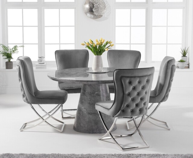 Ravello 130cm Round Grey Marble Dining Table with 4 Grey Lorenzo Chairs ...