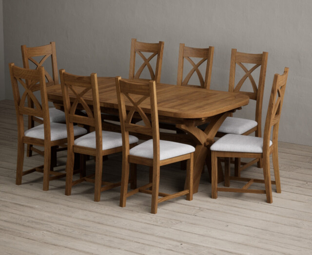 Extending Olympia 180cm Rustic Solid Oak Dining Table with 6 Light Grey ...