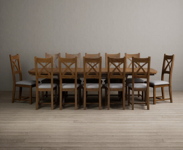 Extending Olympia 180cm Rustic Solid Oak Dining Table with 6 Light Grey ...