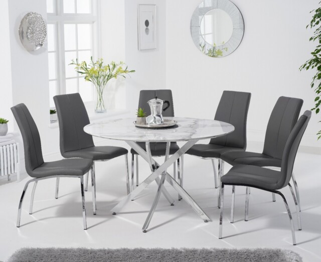 Comiso 120cm Round White Marble Dining Table with 4 Black Marco Chairs ...
