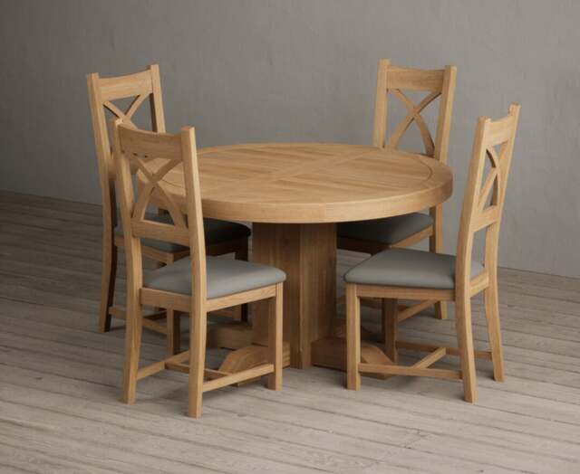 Extending Helmsley Oak Pedestal Dining Table with 8 Grey Natural Solid ...