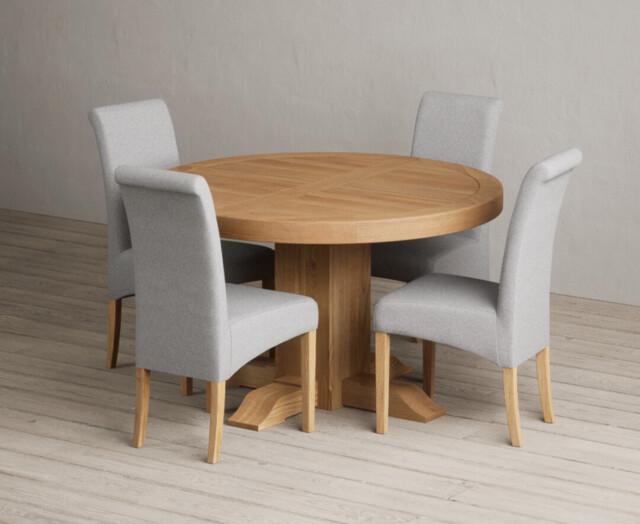 Extending Helmsley Oak Pedestal Dining Table with 8 Grey Scroll Back ...