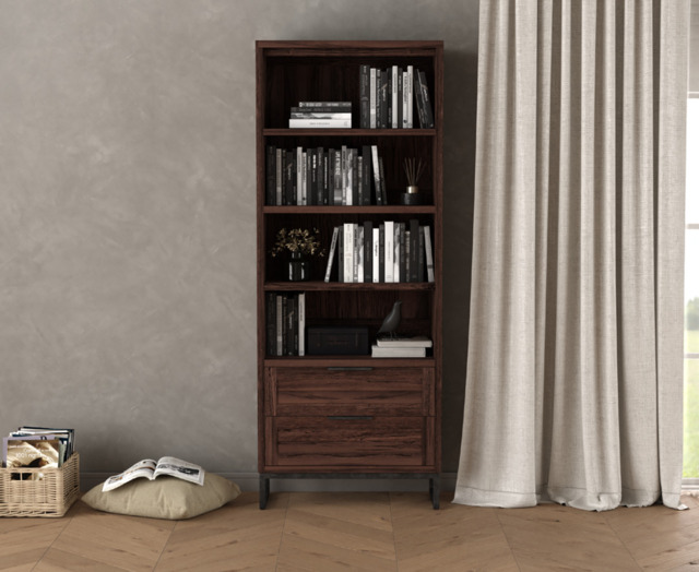 Dakota Dark Acacia and Metal Tall Bookcase by Oak Furniture Superstore ...